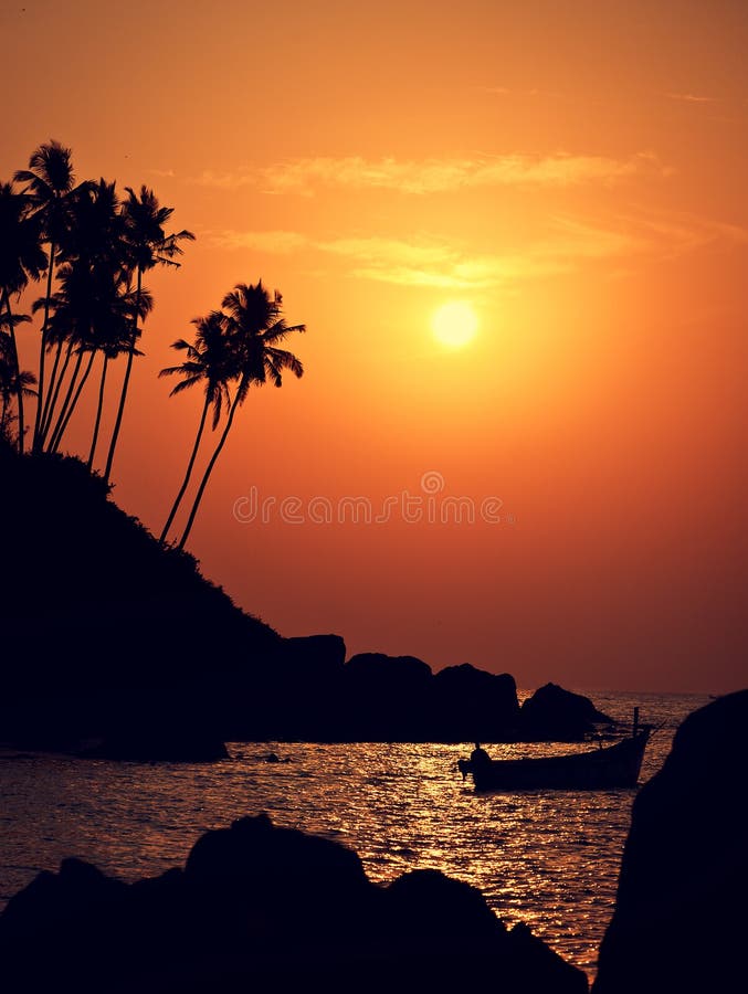 India. Sunset. stock photo. Image of lagoon, palolem - 53605194