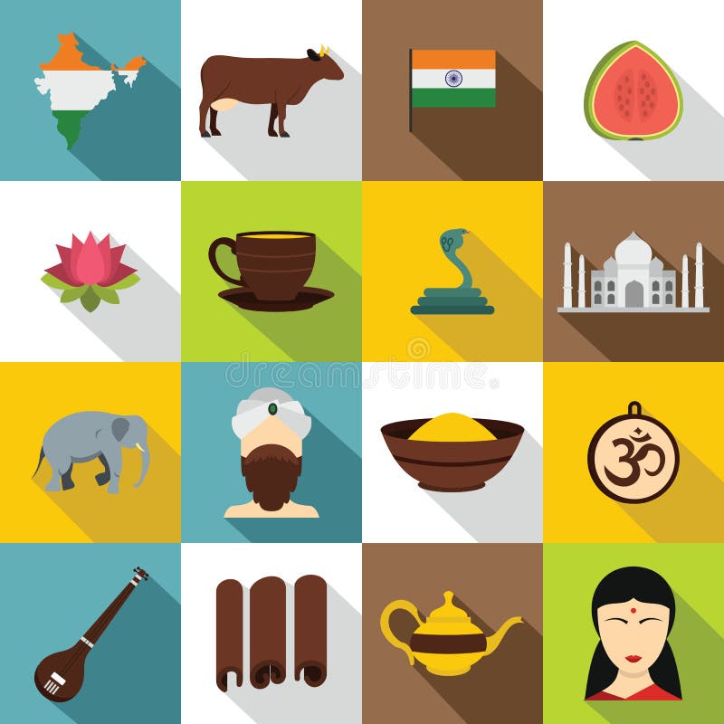 India Travel Icons Set, Flat Style Stock Vector - Illustration of ...