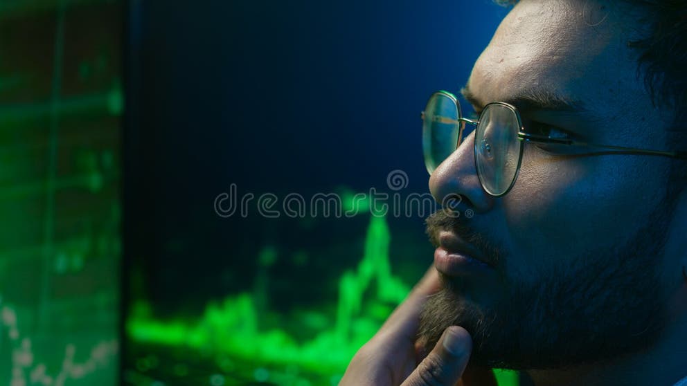 Indian Arabian Man Programmer Hacker Thinking Looking Computer Chart Guy Trader Analysis Trading