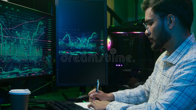 Indian Arabian Man Writing Notes Notebook Working with Pc Computer ...