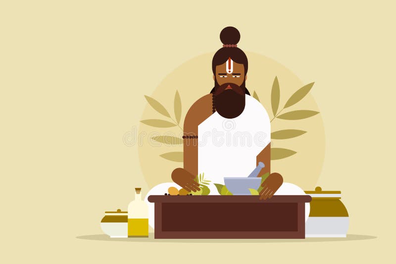 Ancient Ayurveda Parcticioner with Herbal Ingredients Stock Vector ...