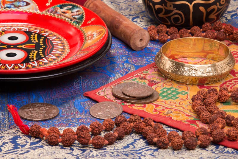 Indian Background with Various Ritual Objects Stock Image - Image of ...