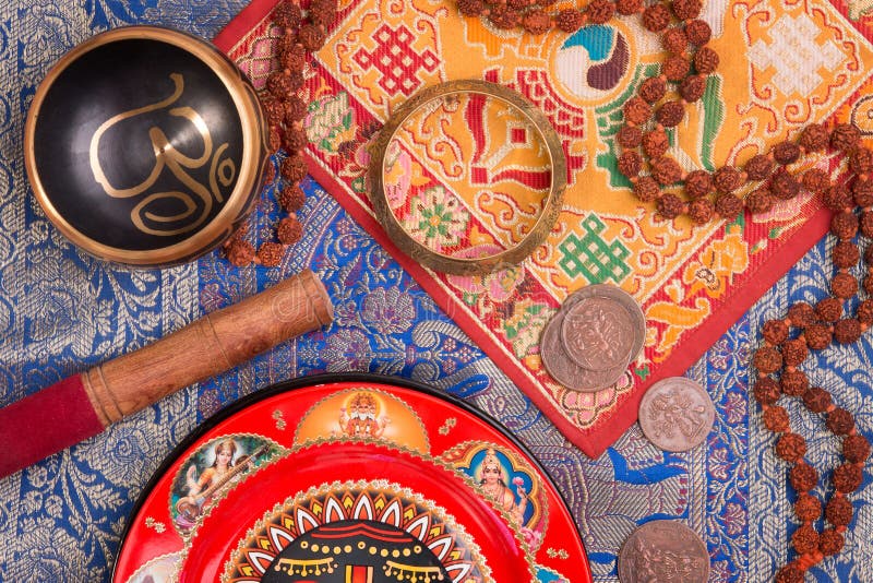 Indian Background with Various Ritual Objects Stock Photo - Image of ...