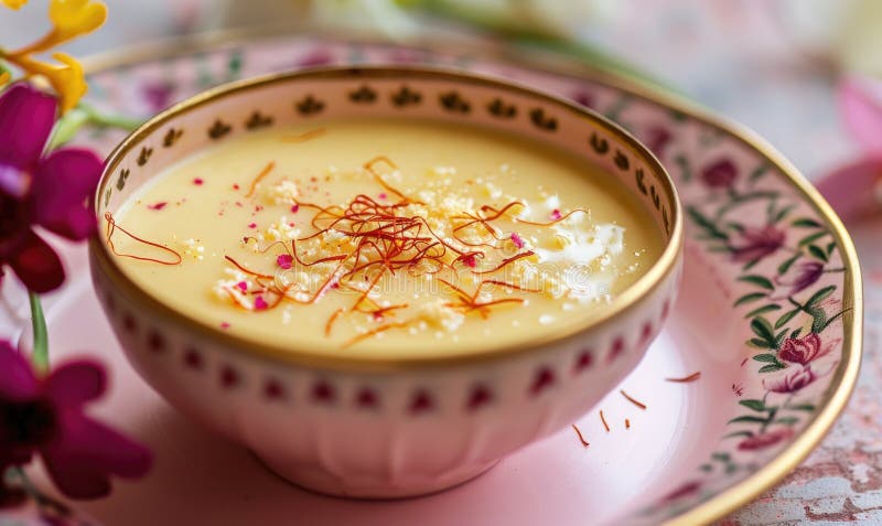 Indian Basundi with Saffron on a Pastel Pink Plate Stock Photo - Image ...