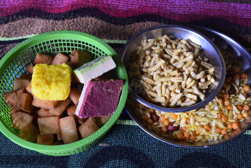 Indian Breakfast Milk Sweets and Snacks Colorful Cloth in the ...