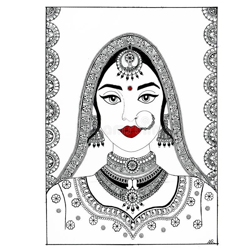 Black and White Drawing of Indian Woman in Traditional Attire Stock ...