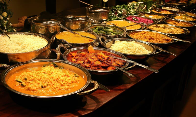 Indian Buffet Spread Featuring Various Dishes, Rice, Curries, and Sides ...