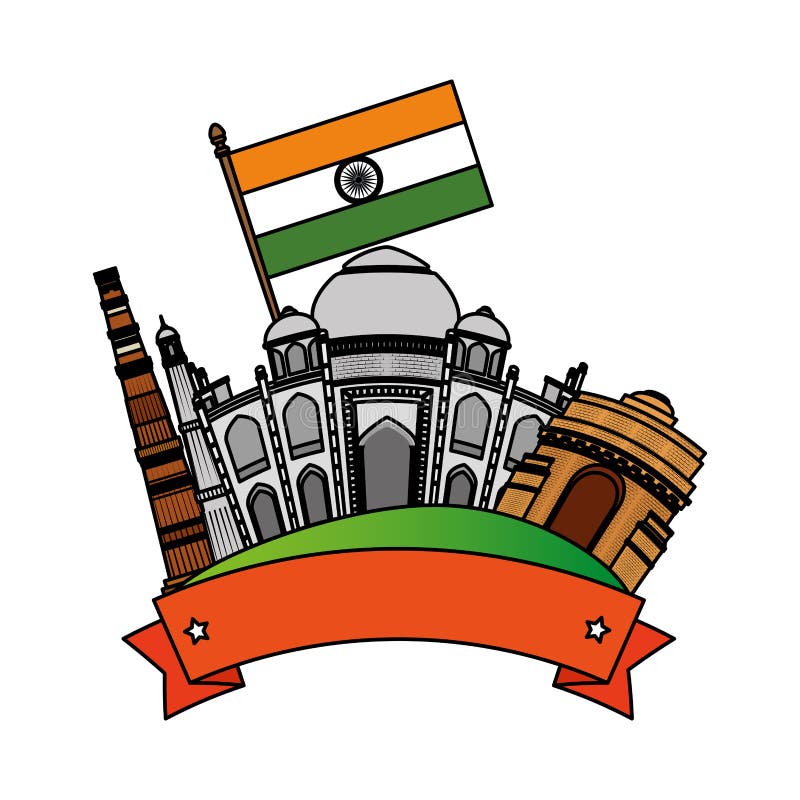 Indian Buildings Monuments with Flags Stock Illustration - Illustration ...