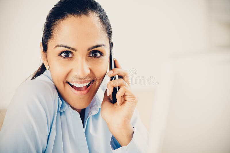 Indian Business Woman Mobile Phone Excited Stock Photo - Image of ...