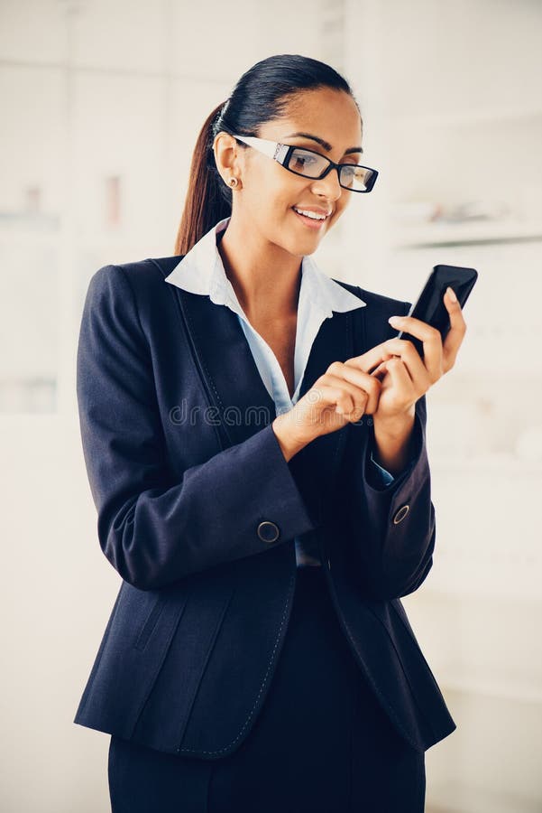 Indian Business Woman Using Mobile Phone Happy Stock Photo - Image of ...