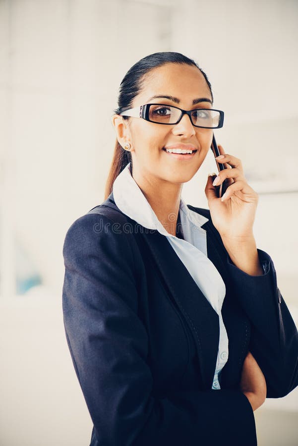 Indian Business Woman Using Mobile Phone Happy Stock Photo - Image of ...