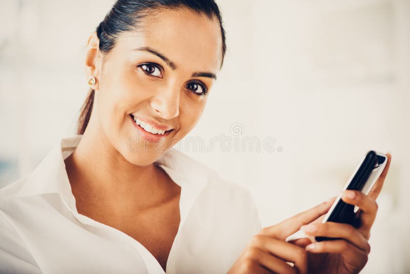 Indian Business Woman Using Mobile Phone Happy Stock Image - Image of ...