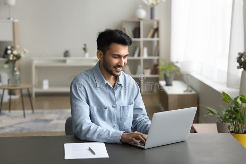 Indian Businessman, Freelance Worker Sits at Desk Working on-line Stock ...
