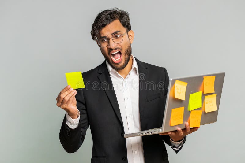 Indian Businessman with Pasted Sticker Notes Use Laptop Computer ...