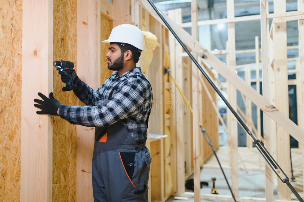 Indian Carpenter Works on the Construction of Modular Houses Stock ...
