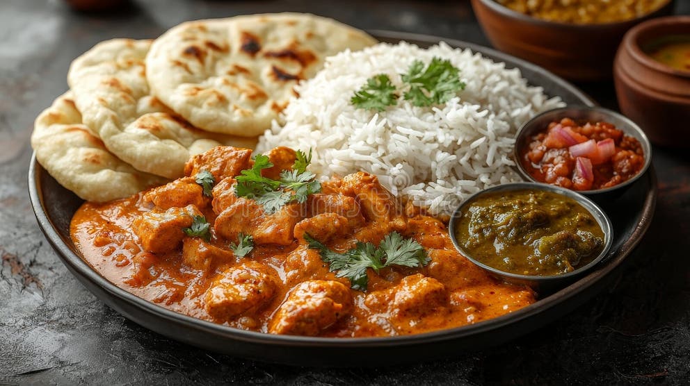 Indian Chicken Curry, Rice, and Naan Stock Photo - Image of platter ...