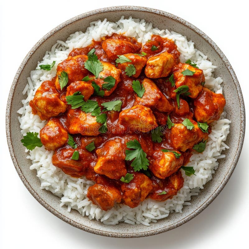 Indian Chicken Masala Curry Served with White Rice, Isolated on a ...