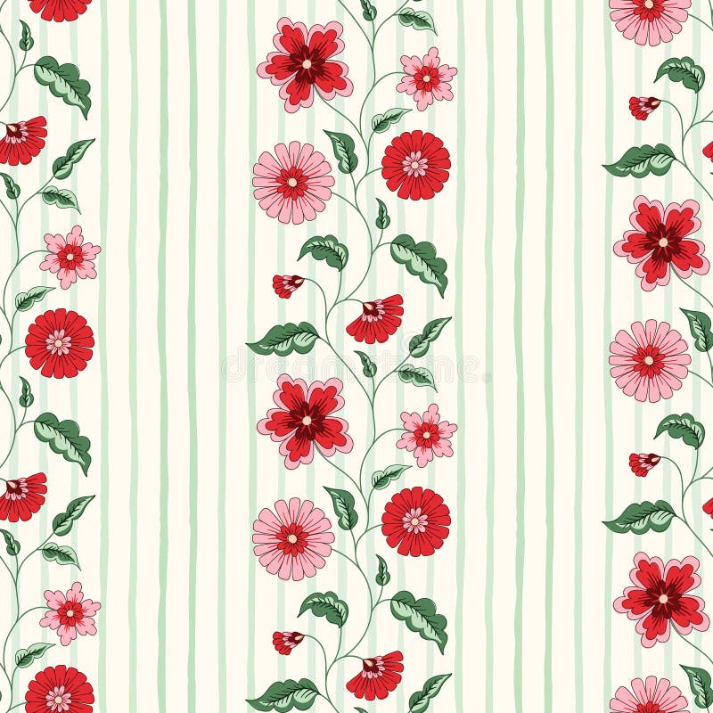 Indian Chintz Flowers and Vertical Stripes Vector Seamless Pattern ...