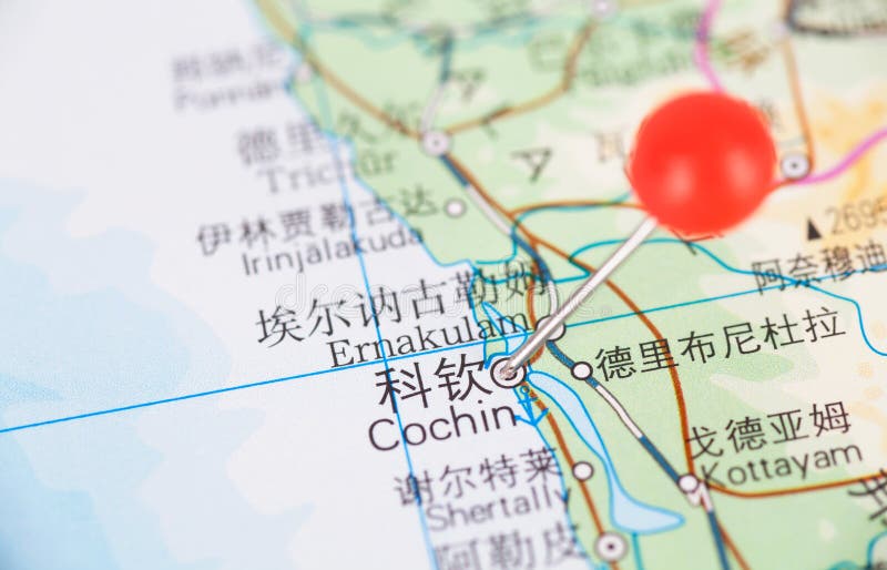 The Indian City of Cochin Marked by Tacks on the Map Editorial ...