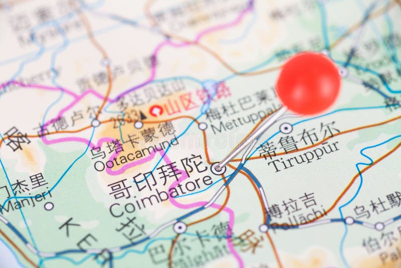 The Indian City of Coimbatore Marked by a Tack on the Map Editorial ...