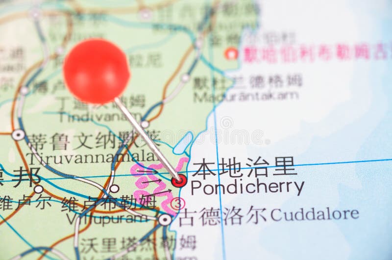 The Indian City of Pondicherry Marked by a Tack on the Map Editorial ...