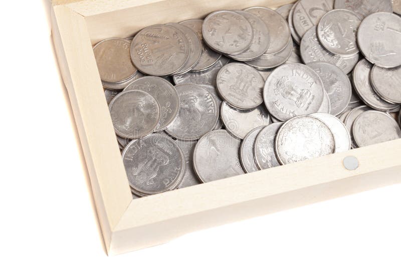 Indian Coins in a Wooden Box Stock Image - Image of dollar, redeem ...