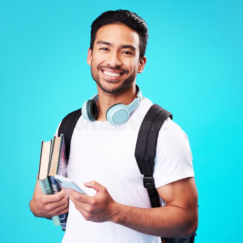Indian, College Student and Portrait with Phone in Studio and Backpack ...