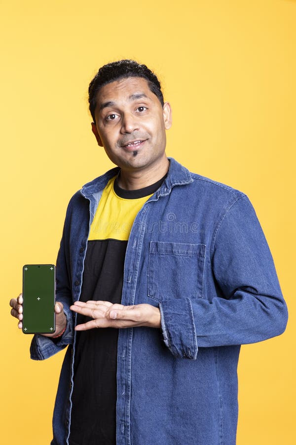Indian Content Creator Presenting Green Screen on Mobile Device Stock ...