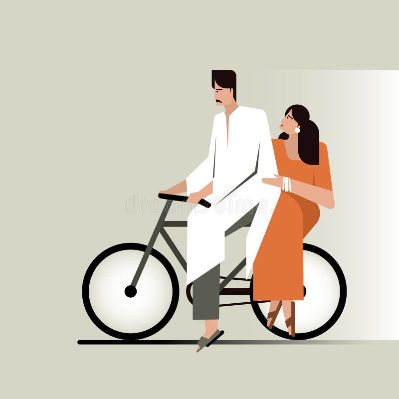 An Indian Married Couple Travelling on a Bicycle Stock Vector ...