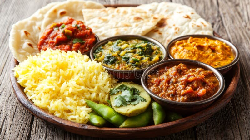 An Indian Cuisine Platter Complete with Rice and Curries Stock Photo ...