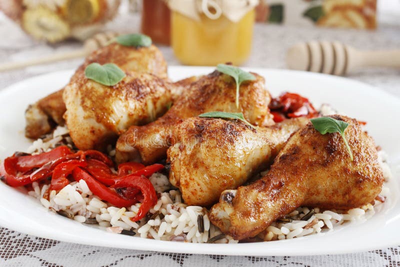 Indian Cuisine: Roasted Chicken with Rice and Vegetables Stock Image ...