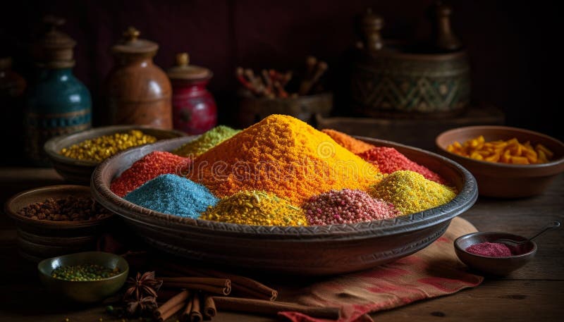 Indian Curry Bowl with Multi Colored Spices and Fresh Cilantro Garnish ...