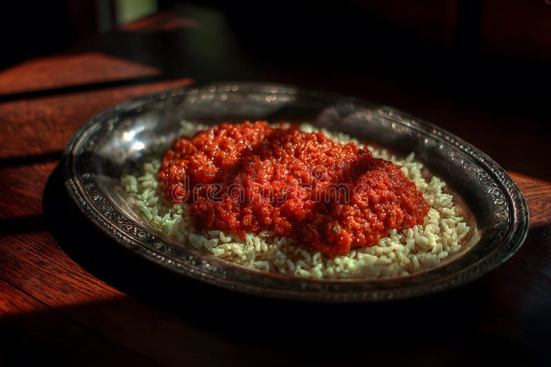 Indian Curry with Rice on Tray, Sunlight from Right Highlights Texture ...