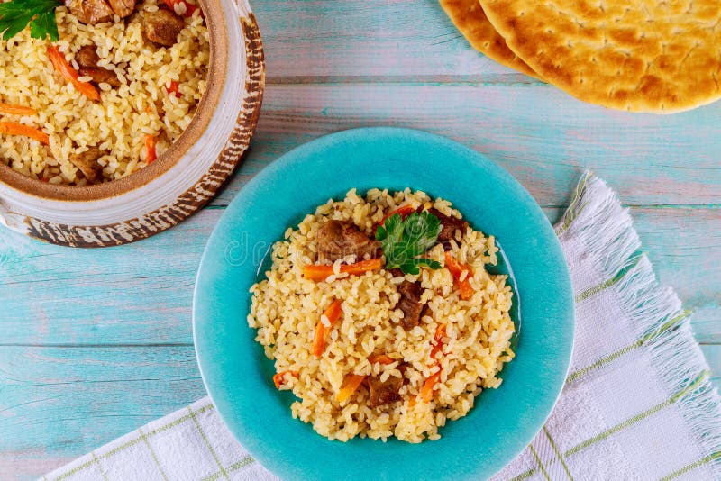 Indian Dish Rice with Curry, Meat and Pita Bread Stock Photo - Image of ...