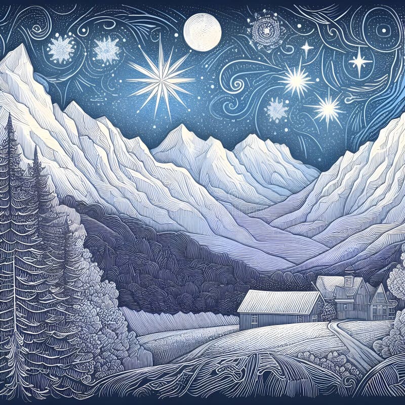 Indian Drawing a Night in the Mountains on a Starry Night. Stock ...