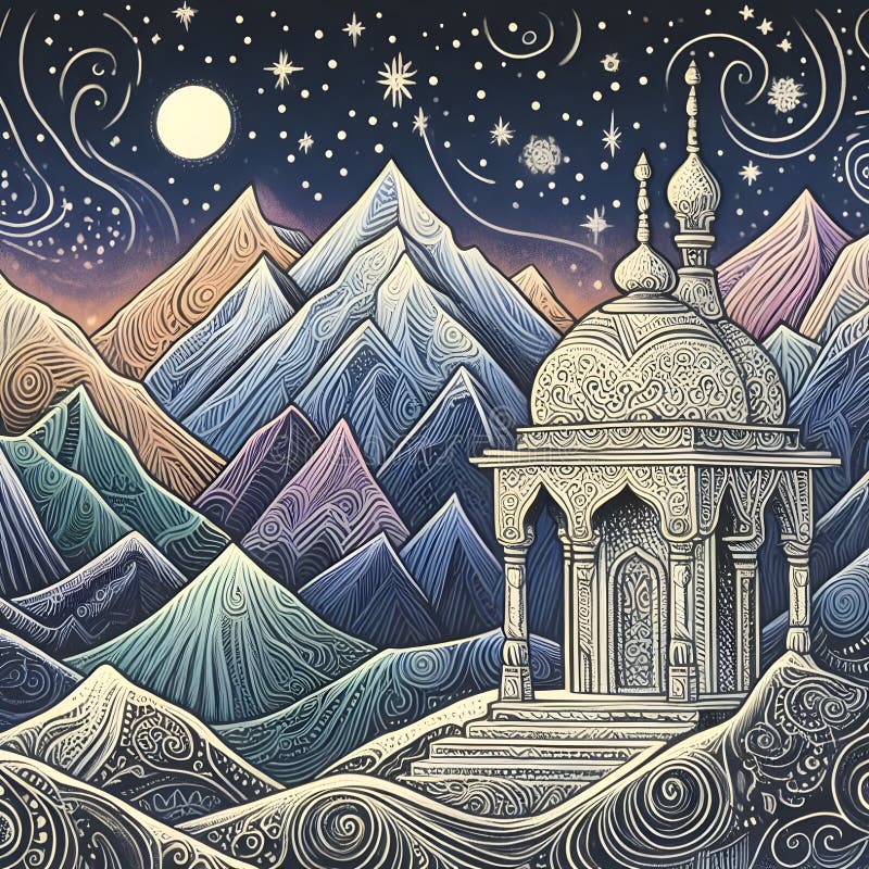 Indian Drawing a Night in the Mountains on a Starry Night. Stock ...