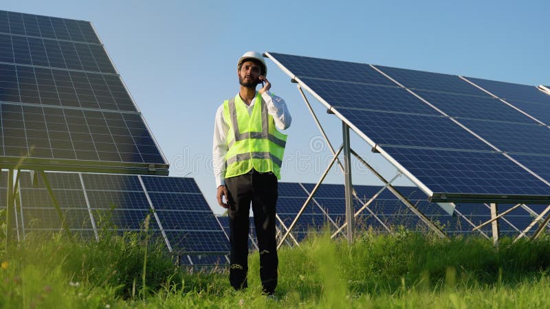 Indian Engineer Talking with Smartphone Front of Solar Panel Stock ...