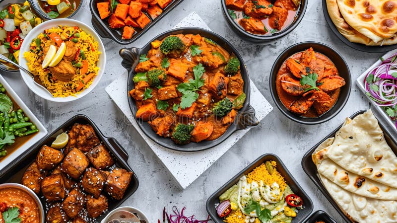 Indian Ethnic Food Buffet on White Concrete Table . Generative Ai Stock ...