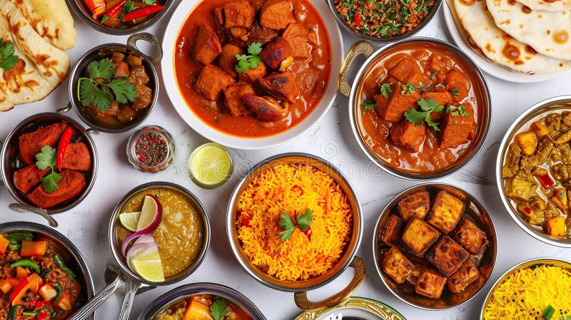 Indian Ethnic Food Buffet on White Concrete Table . Generative Ai Stock ...