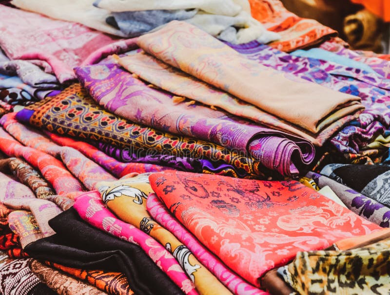 Indian Fabrics on the Counter. Trade in Fabrics from India. Fabric with ...