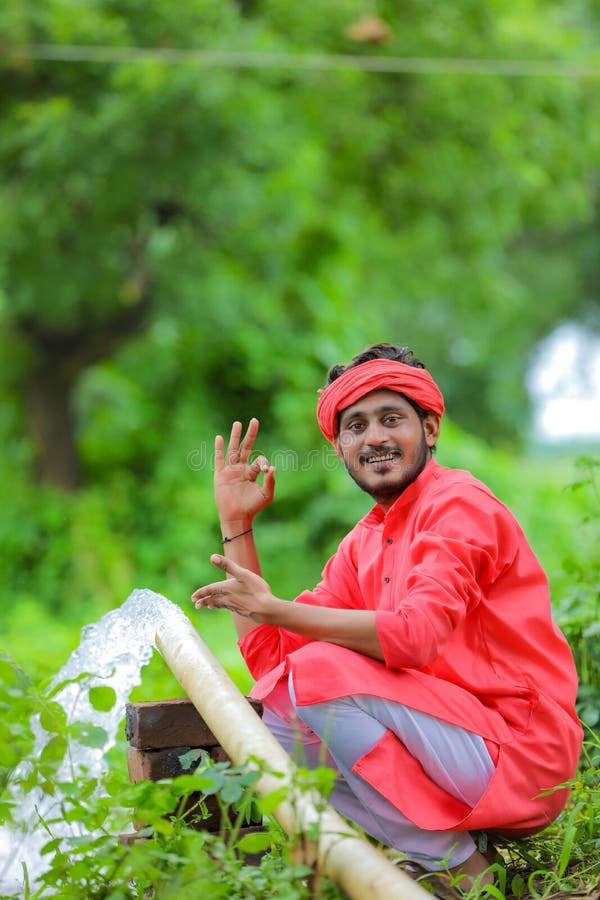 Indian Farmer with Water Flow from Pipe at Field Stock Image - Image of ...