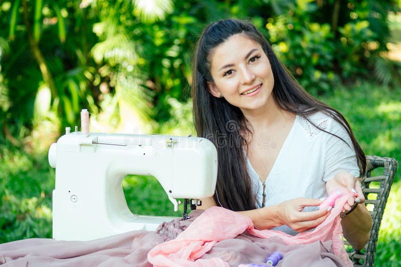 Indian Female Sewing Outdoors in Summer Park Stock Image - Image of ...