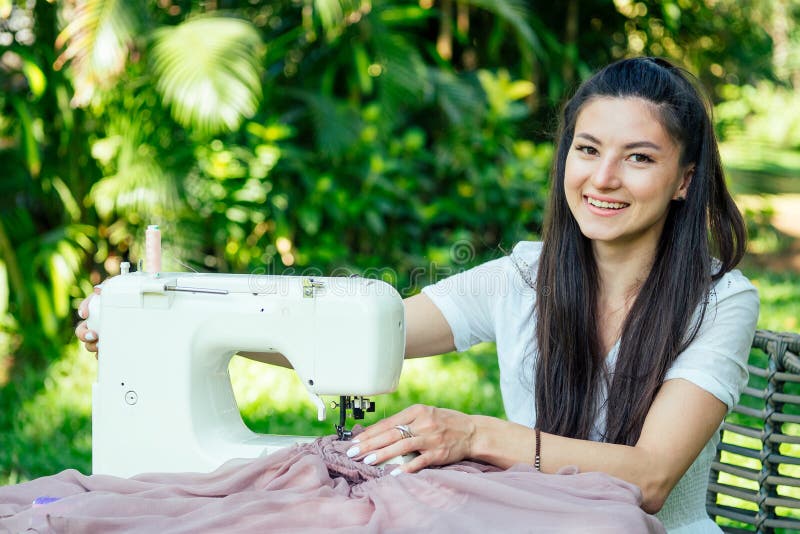 Indian Female Sewing Outdoors in Summer Park Stock Image - Image of ...