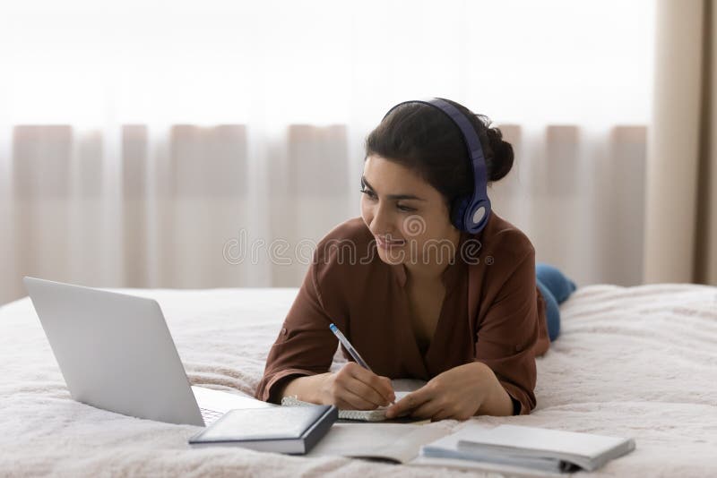 Indian Female Student Study Online on Computer at Home Stock Photo ...