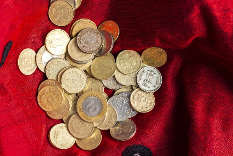 Indian Five and Ten Rupee Coins are Kept in a Red Cloth Stock Image ...