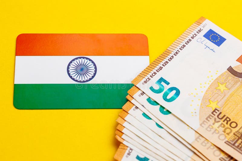 Indian Flag with Euro Currency Notes on Yellow Background Stock Image ...