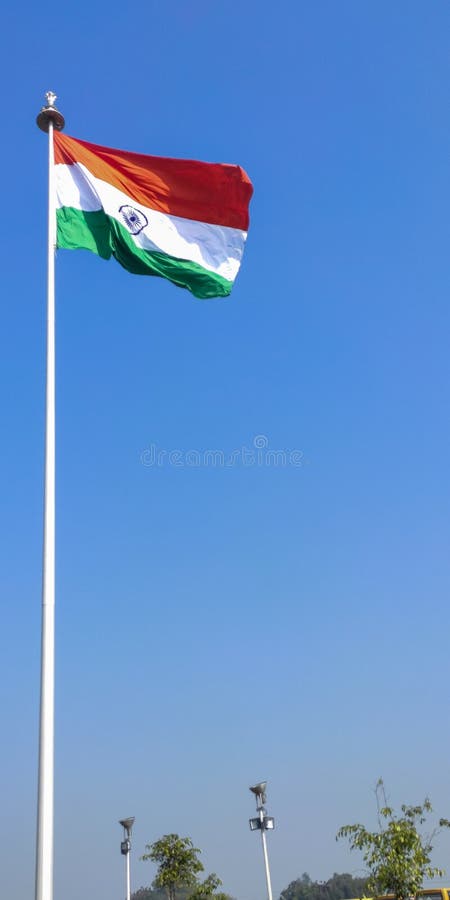 Indian Flag in Front of Clean Blue Sky. Stock Image - Image of ...