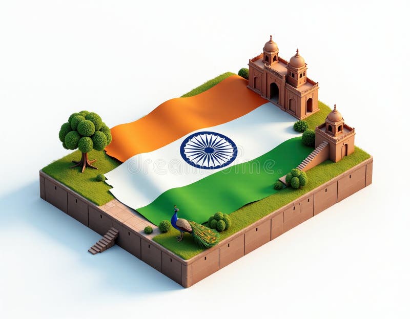 Indian Flag, Monuments, Peacock - 3D Isometric Illustration Stock ...
