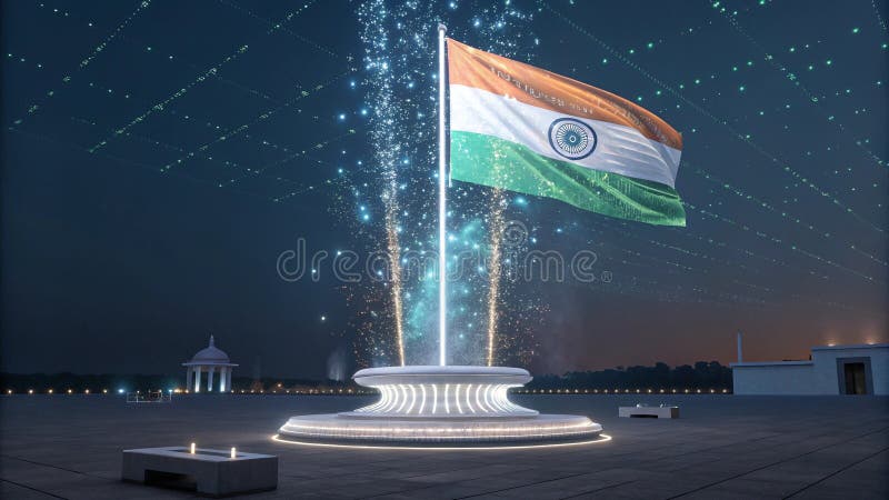 Indian Flag Waving on a Futuristic Stage with Blue Lights and Sparkling ...