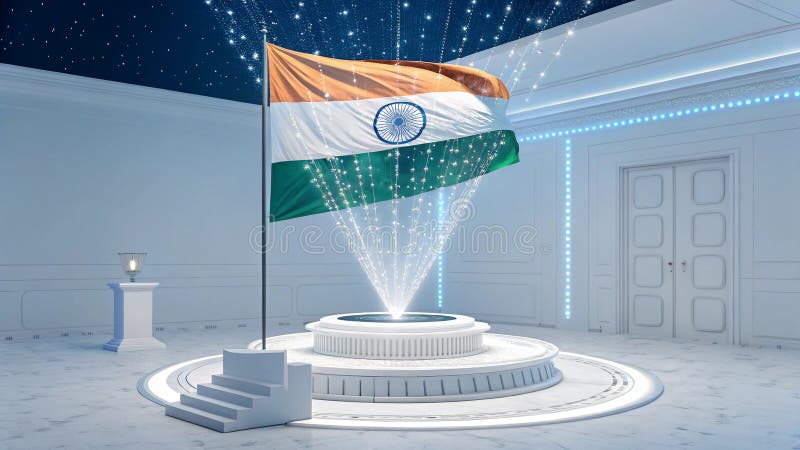 Indian Flag Waving on a Futuristic Stage with Blue Lights and Sparkling ...